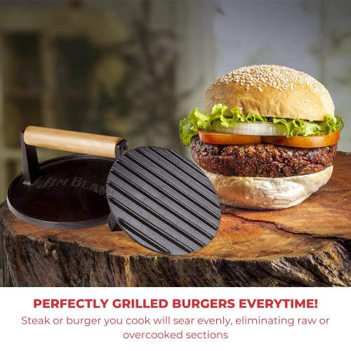 Jim Beam JB0158 Black Cast Iron Burger Press - 7'' Heavy Duty Burger Press with Solid Wood Handle