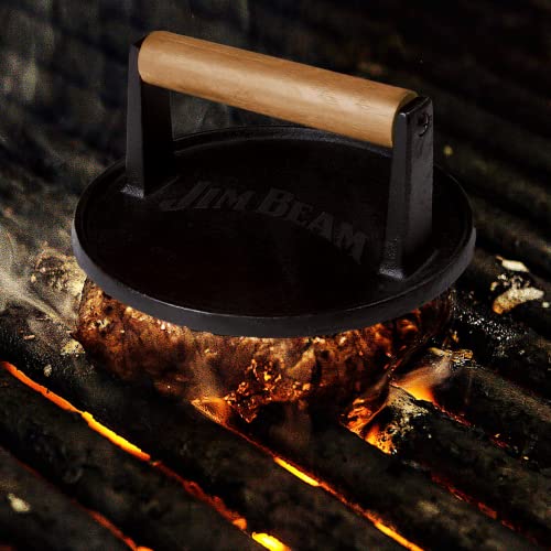 Jim Beam JB0158 Black Cast Iron Burger Press - 7'' Heavy Duty Burger Press with Solid Wood Handle