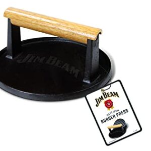 Jim Beam JB0158 Black Cast Iron Burger Press - 7'' Heavy Duty Burger Press with Solid Wood Handle