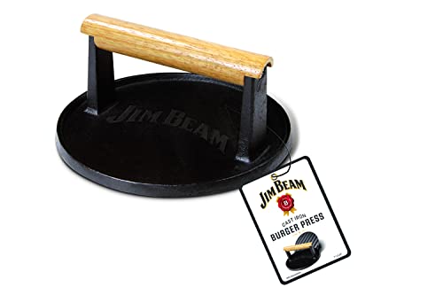 Jim Beam JB0158 Black Cast Iron Burger Press - 7'' Heavy Duty Burger Press with Solid Wood Handle