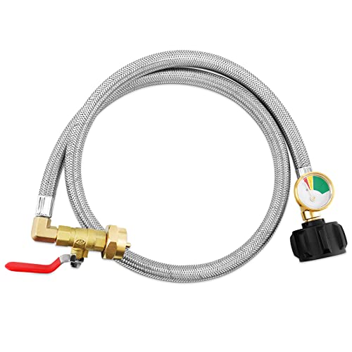 Welltop Propane Refill Adapter Hose, Upgraded Stainless Braided 36" QCC1 Type Inlet Extension Propane Refill Hose with Gauge Shutoff Valve for 1 LB Propane Gas Tank 350PSI High Pressure Camping Grill