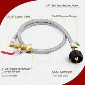 Welltop Propane Refill Adapter Hose, Upgraded Stainless Braided 36" QCC1 Type Inlet Extension Propane Refill Hose with Gauge Shutoff Valve for 1 LB Propane Gas Tank 350PSI High Pressure Camping Grill