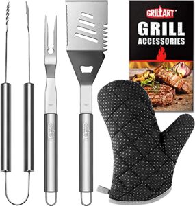 grillart grill tools grill utensils set - 3pcs bbq tools, stainless barbeque grill accessories - spatula/tongs/fork, with insulated glove, ideal bbq set grilling tools for outdoor grill, gifts for men