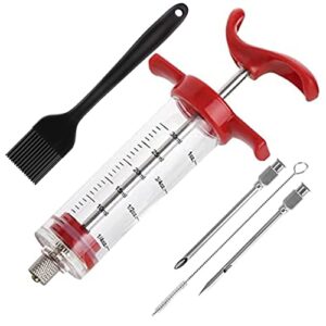 meat injector syringe,stainless steel food seasoning syringe kit with 1pc barbecue brush, 2pcs needles and 1pc needles cleaner, great for bbq, grilling, baking and cooking