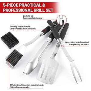 MAGIC FLAME 18'' BBQ Grill Accessories, Heavy Duty 5 Pcs Grilling Tools, Extra Thick Stainless Steel Grill Utensils Set Gift with Spatula Fork Cleaning Brush Tong BBQ Set for Outdoor Camping Grilling