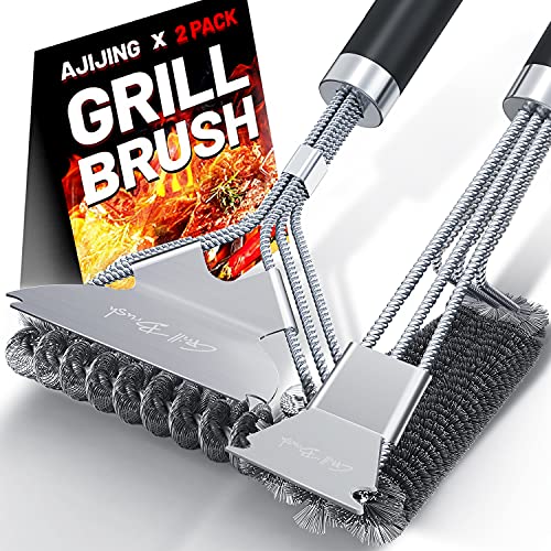 AJIJING Grill Brush and Scraper,2 Pack BBQ Grill Cleaning Brush 18" Stainless Steel Wire Bristle BBQ Grill Cleaner Brush Scraper Accessories for Gas Grill Weber Charcoal Porcelain Ceramic Iron Grill