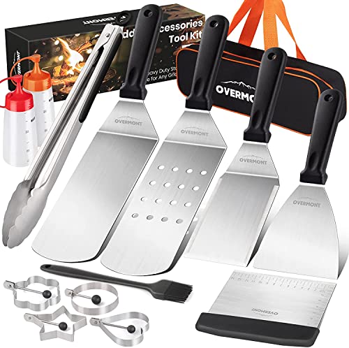 Overmont Griddle Accessories Tool Kit 13-Piece Professional Grill Spatula & Scraper Set Flipper Stainless Steel for Flat Top Grill Hibachi BBQ Camping Cooking Dishwasher Safe