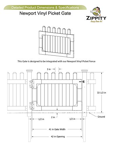 Zippity Outdoor Products ZP19004 Newport Vinyl Picket Unassembled Gate, 33-1/2"H x 42"W, White