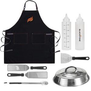 blackstone griddle accessories set- heat resistant plastic handles 8 pcs stainless steel outdoor indoor grilling utensils hibachi tools kit -apron, 2 spatula, 1 scraper, 1 tong, 1 dome, 2 bottles 32oz