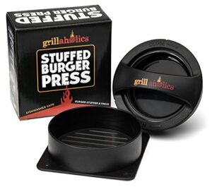 grillaholics stuffed burger press and recipe ebook - extended warranty - hamburger patty maker for grilling - bbq grill accessories