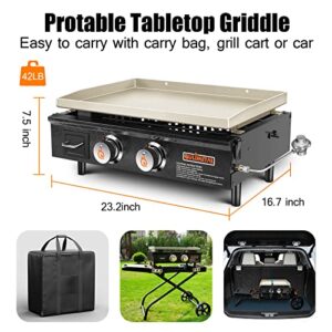 QuliMetal Portable Griddle Flat Top Grill 22 Inch Table Top Griddle 2 Burner Propane Grill with Carry Bag Outdoor Griddle Camping Griddle 24,000 BTU 348 Sq 304 Stainless Steel for Party Tailgating