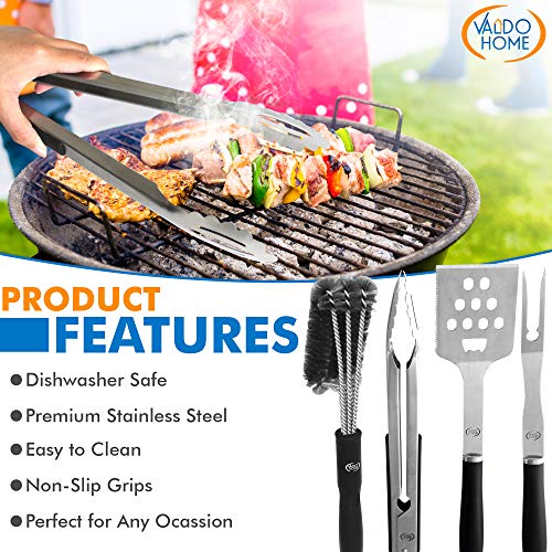 Valdo Home Heavy Duty BBQ Grill Tool Set Stainless Steel Utensils Kit Locking Tongs, Spatula, Fork, Barbecue Grill Cleaning Brush - Barbecue Grilling Accessories