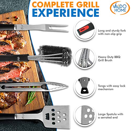 Valdo Home Heavy Duty BBQ Grill Tool Set Stainless Steel Utensils Kit Locking Tongs, Spatula, Fork, Barbecue Grill Cleaning Brush - Barbecue Grilling Accessories