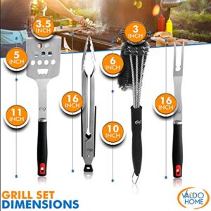 Valdo Home Heavy Duty BBQ Grill Tool Set Stainless Steel Utensils Kit Locking Tongs, Spatula, Fork, Barbecue Grill Cleaning Brush - Barbecue Grilling Accessories