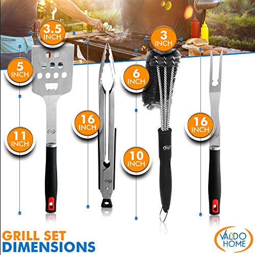 Valdo Home Heavy Duty BBQ Grill Tool Set Stainless Steel Utensils Kit Locking Tongs, Spatula, Fork, Barbecue Grill Cleaning Brush - Barbecue Grilling Accessories