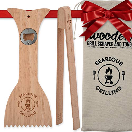 Searious Grilling Wood Grill Scraper Tool with Bottle Opener – Safe & Eco-Friendly BBQ Grill BrushAlternative – Grill Grate Cleaner,Wooden Tongs & Storage Bag Set