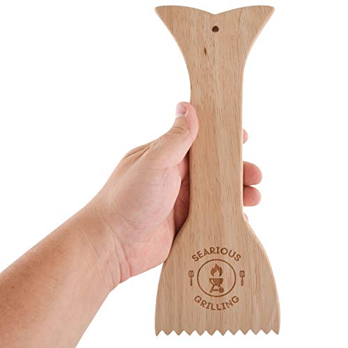 Searious Grilling Wood Grill Scraper Tool with Bottle Opener – Safe & Eco-Friendly BBQ Grill BrushAlternative – Grill Grate Cleaner,Wooden Tongs & Storage Bag Set