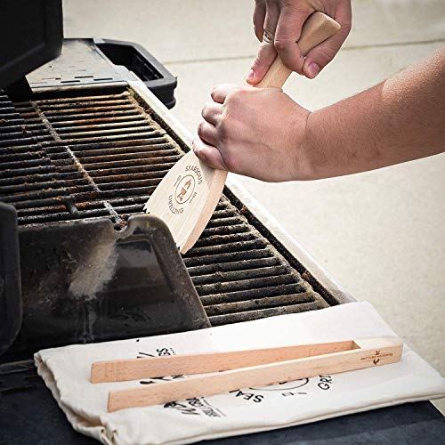 Searious Grilling Wood Grill Scraper Tool with Bottle Opener – Safe & Eco-Friendly BBQ Grill BrushAlternative – Grill Grate Cleaner,Wooden Tongs & Storage Bag Set