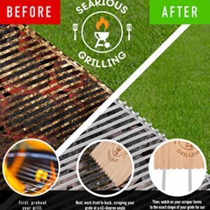 Searious Grilling Wood Grill Scraper Tool with Bottle Opener – Safe & Eco-Friendly BBQ Grill BrushAlternative – Grill Grate Cleaner,Wooden Tongs & Storage Bag Set