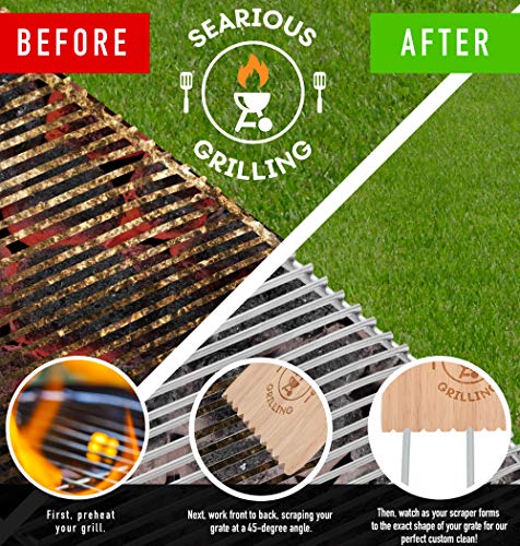 Searious Grilling Wood Grill Scraper Tool with Bottle Opener – Safe & Eco-Friendly BBQ Grill BrushAlternative – Grill Grate Cleaner,Wooden Tongs & Storage Bag Set