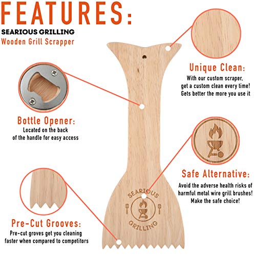 Searious Grilling Wood Grill Scraper Tool with Bottle Opener – Safe & Eco-Friendly BBQ Grill BrushAlternative – Grill Grate Cleaner,Wooden Tongs & Storage Bag Set