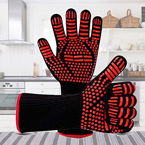 Hogarest Heat Resistant BBQ Gloves, Non-Slip Silicone Oven Mitts for Cooking, Grill, Frying, Baking, Barbecue, Fireproof and Cut-Resistant, 1 Pair, Orange Red