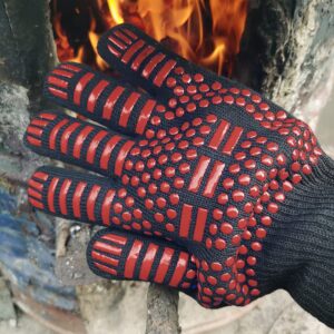 Hogarest Heat Resistant BBQ Gloves, Non-Slip Silicone Oven Mitts for Cooking, Grill, Frying, Baking, Barbecue, Fireproof and Cut-Resistant, 1 Pair, Orange Red