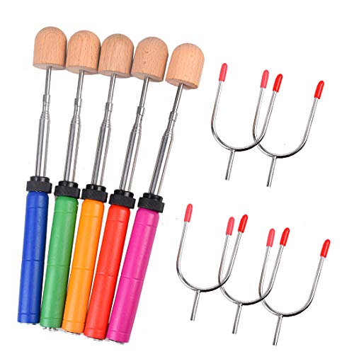 5 Sets Extendable Rotary Roasting Sticks with Interchangeable 304 SS Fork Biscuit Cup Roaster Head-Good for Campfire Pie,S'More Marshmallow Hot Dog Fire Pit BBQ -Sturdy Telescopic Rod and Wood Handle