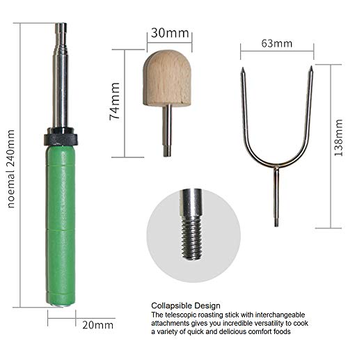 5 Sets Extendable Rotary Roasting Sticks with Interchangeable 304 SS Fork Biscuit Cup Roaster Head-Good for Campfire Pie,S'More Marshmallow Hot Dog Fire Pit BBQ -Sturdy Telescopic Rod and Wood Handle