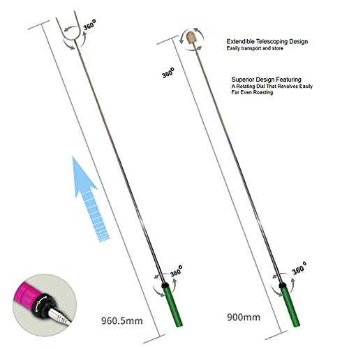 5 Sets Extendable Rotary Roasting Sticks with Interchangeable 304 SS Fork Biscuit Cup Roaster Head-Good for Campfire Pie,S'More Marshmallow Hot Dog Fire Pit BBQ -Sturdy Telescopic Rod and Wood Handle