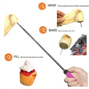 5 Sets Extendable Rotary Roasting Sticks with Interchangeable 304 SS Fork Biscuit Cup Roaster Head-Good for Campfire Pie,S'More Marshmallow Hot Dog Fire Pit BBQ -Sturdy Telescopic Rod and Wood Handle