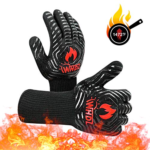 WHDZ BBQ Gloves Heat Resistant Oven Grilling Gloves 1472℉ Durable Fireproof Food Grade Kitchen Grill Gloves for Cooking, Baking, Barbeque, Welding, Cutting, 14 Inch Black