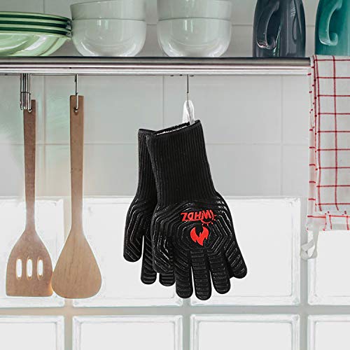 WHDZ BBQ Gloves Heat Resistant Oven Grilling Gloves 1472℉ Durable Fireproof Food Grade Kitchen Grill Gloves for Cooking, Baking, Barbeque, Welding, Cutting, 14 Inch Black