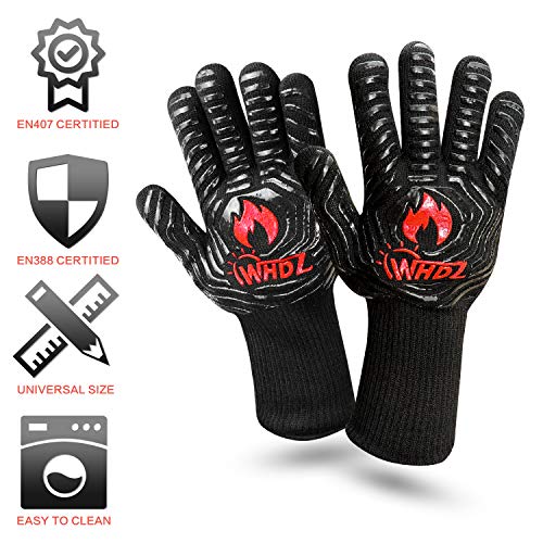 WHDZ BBQ Gloves Heat Resistant Oven Grilling Gloves 1472℉ Durable Fireproof Food Grade Kitchen Grill Gloves for Cooking, Baking, Barbeque, Welding, Cutting, 14 Inch Black