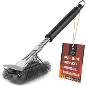 18" heat boss grill brush and scraper - 3 rows of reinforced stainless steel bristles - best heavy duty outdoor grill brush for all grill types - long 18" bbq grill brush handle - by zulay kitchen