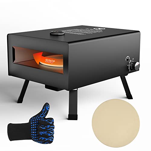 Denninal 14" Gas Outdoor Pizza Oven with Auto-rotation - Propane Portable Pizza Maker W/Pizza Stone for Authentic Stone Baked Pizzas, Auto Flameout,Thermometer