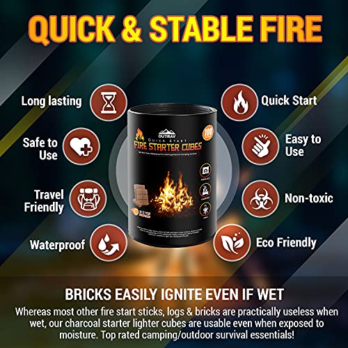 Fire Starter Cubes, Charcoal Firestarter Squares for Lighting Fireplace, Wood Stove, Grill, Campfire, BBQ Smoker Pit – Mini Nontoxic Waterproof Fire Starting Bricks for Camping, Survival (100PK)