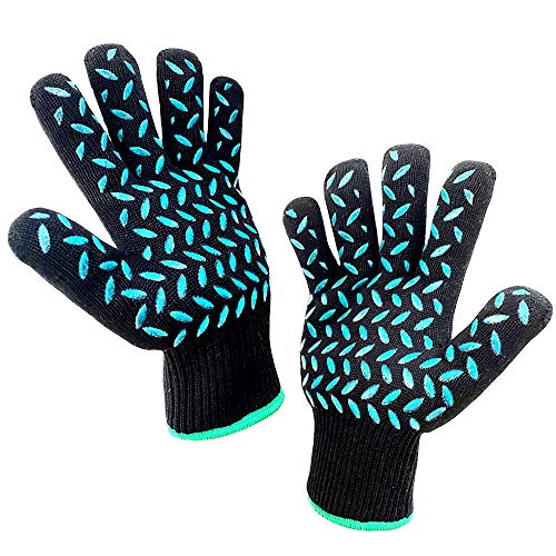 Heat Resistant Gloves Oven Gloves Heat Resistant Black BBQ Gloves for Grilling BBQ Gloves Heat Resistant Cooking Heat Resistant Gloves Kitchen Heat Gloves High Temp Grill Gloves with Green Silicone