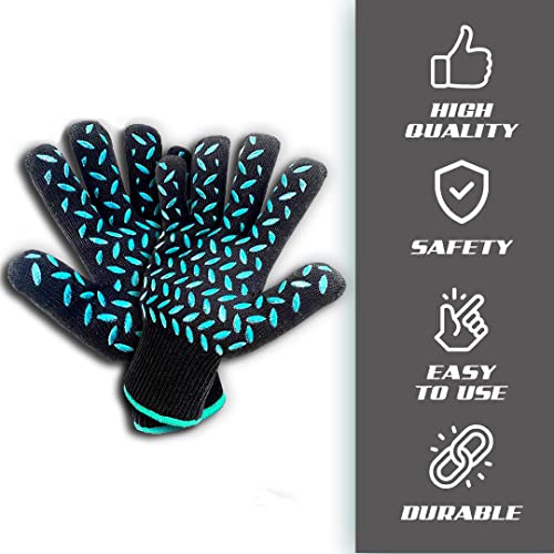 Heat Resistant Gloves Oven Gloves Heat Resistant Black BBQ Gloves for Grilling BBQ Gloves Heat Resistant Cooking Heat Resistant Gloves Kitchen Heat Gloves High Temp Grill Gloves with Green Silicone