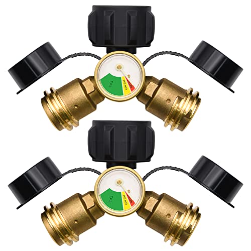 Propane Splitter, 2 Pack Propane Tank Y Splitter Adapter with Gauge and Shut-Off Valve, 2 Way Propane Gas Splitter Adapter for Propane Tank, which for Camping Stoves, BBQ Grills, RV Camper, etc.