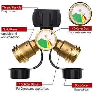 Propane Splitter, 2 Pack Propane Tank Y Splitter Adapter with Gauge and Shut-Off Valve, 2 Way Propane Gas Splitter Adapter for Propane Tank, which for Camping Stoves, BBQ Grills, RV Camper, etc.