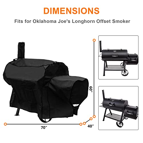 Grisun Grill Cover for Oklahoma Joe's Longhorn Offset Smoker, Anti-UV Waterproof Offset Smoker Cover for Oklahoma Joe's 13201747-50, Heavy-Duty 600 D Polyester, Black (70" L x 60" H x 40" W)