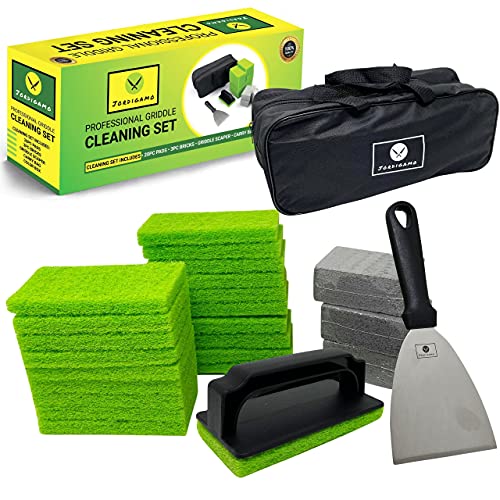 JORDIGAMO Griddle Cleaning Kit - 25 Piece Cast Iron/Flat Top Grill Scrubbing Tools Set, Metal Dough Scraper, 20 Scouring Pads with Handle, 3 BBQ Grill Brick, Ideal for Blackstone & Camp Chef Griddles