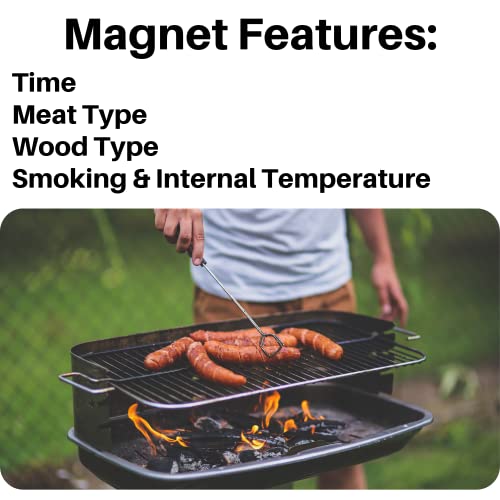 Meat Smoking Guide - Meat Temperature Magnet - 8.5” x 11” Magnetic BBQ Meat Doneness Chart for Grilling, Cooking time, Internal Temp and Smoking - Wood Pellet Chip Flavor Cheat Sheet - 23 Meat Types