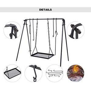 REDCAMP Campfire Cooking Stand for BBQ Picnic Cookware Party, Swing Hanging Grill for Fire Pit with Dutch Oven Lid Lifter & Hooks