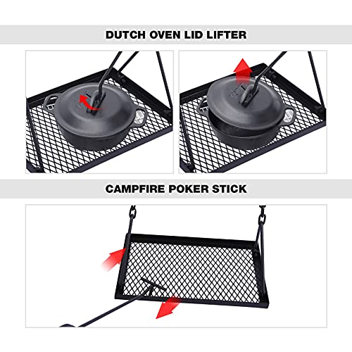 REDCAMP Campfire Cooking Stand for BBQ Picnic Cookware Party, Swing Hanging Grill for Fire Pit with Dutch Oven Lid Lifter & Hooks