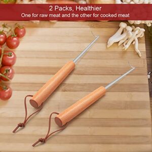 Leonyo 2 Pack Pigtail Food Flipper, 12 Inch Meat Hook Flippers Turners with Stainless Steel Shafts, Substitutes of Grill Tongs, Spatulas, Forks for Kitchen Cooking BBQ, Wooden Handles, Right Handed