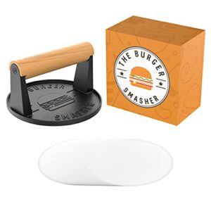 the burger smasher - cast iron burger press kit w/patty paper included | hamburger press perfect for flat top grill, cast iron griddle or skillet | meat press and grill press