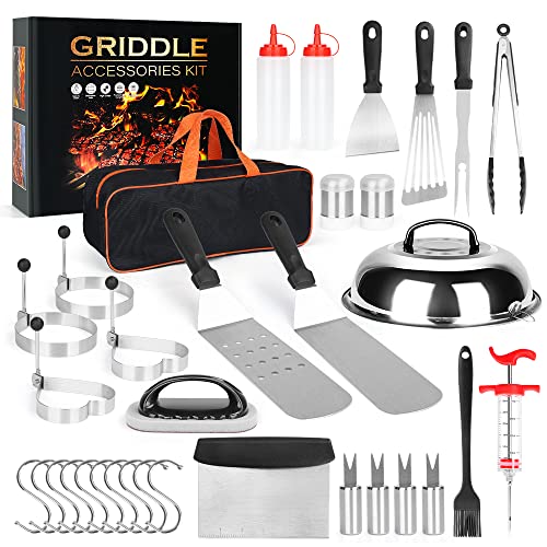 Griddle Accessories Kit, 34Pcs Extra Thick Flat Top Griddle Grill Set for Professional Chef Spatula Grill BBQ Set,with Oil Brush, Spatula,Scraper, Bottle, Tongs,Egg Ring,for Camping Outdoor Grill