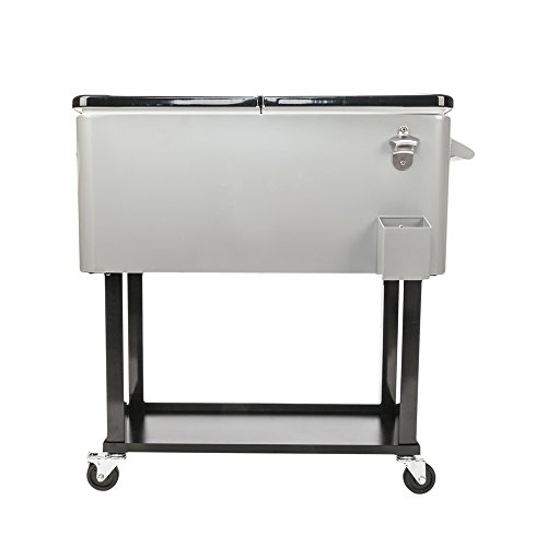 80 Quart Rolling Drink Cooler Ice Bin Chest on Wheels, Portable Patio Party Bar Cart with Shelf and Bottle Opener, Gray